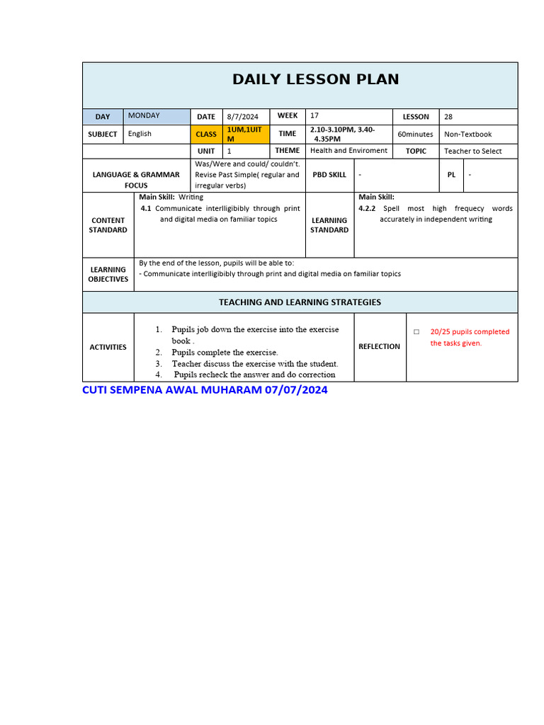Lesson Plan 2024 Week 17 | PDF | Lesson Plan | English Language