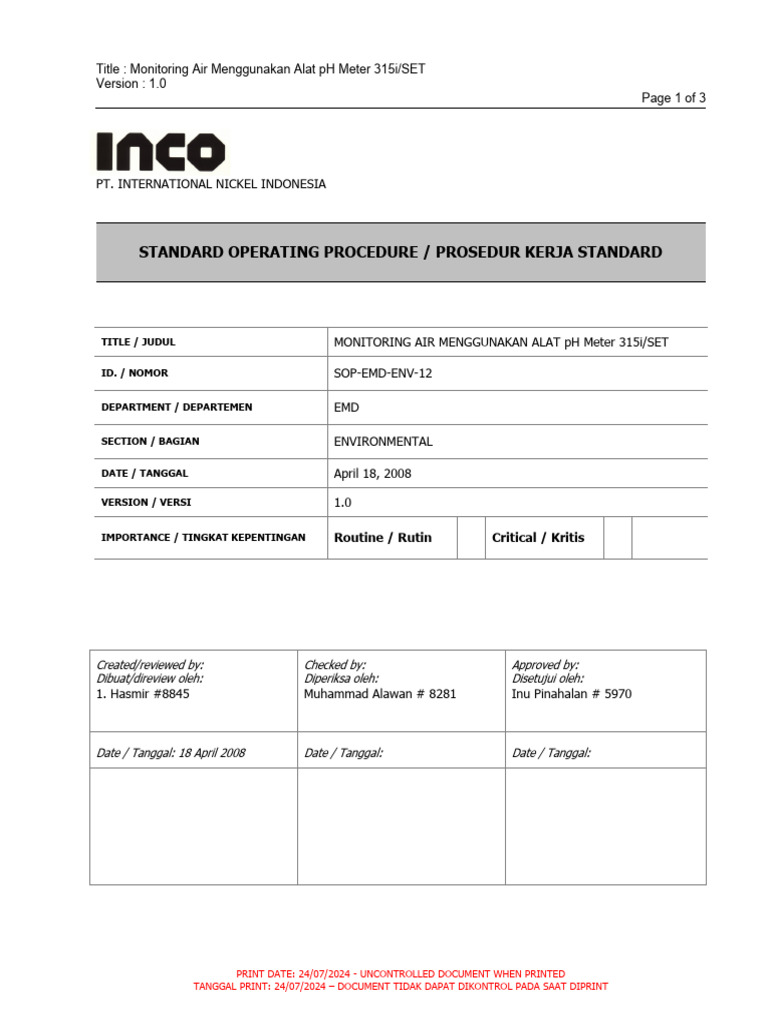 SOP-EMD-Env-12 Monitoring Air Menggunakan PH Meter Seri 315 | PDF