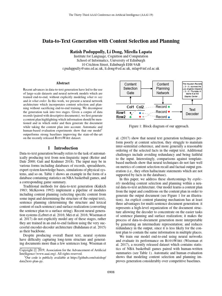 Data-To-Text Generation With Content Selection and Planning | PDF | Artificial Neural Network ...