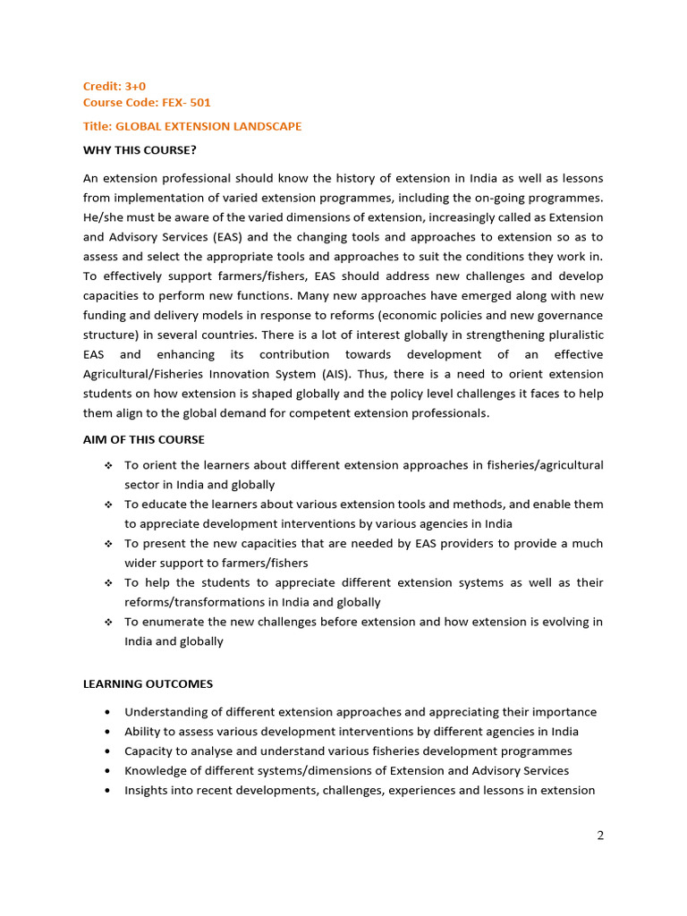 FEX 501 - Extension Landscape - Syllabus 2022 | PDF | Fishery | Learning