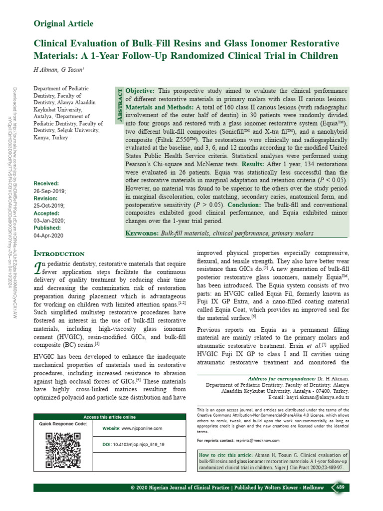 Clinical Evaluation of Bulk Fill Resins and Glass Ionomer Restorative | PDF | Dental Composite ...