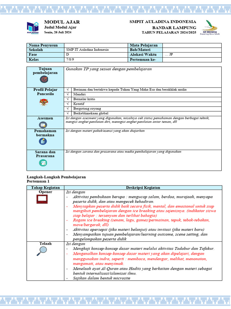 Modul Ajar SMPIT Auladina 2024/2025 | PDF | Sains & Matematika