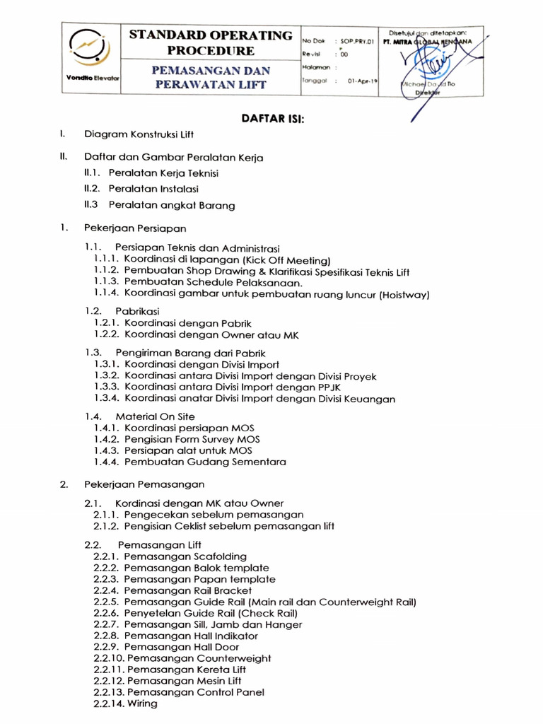 23 SOP Pemasangan & Perawatan Lift | PDF