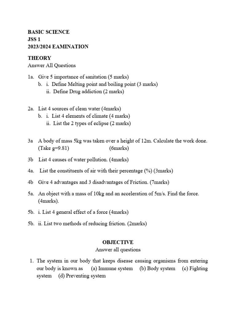 Basic SCIENCE 3rd Term Exam Jss1-WPS Office | PDF | Force | Water