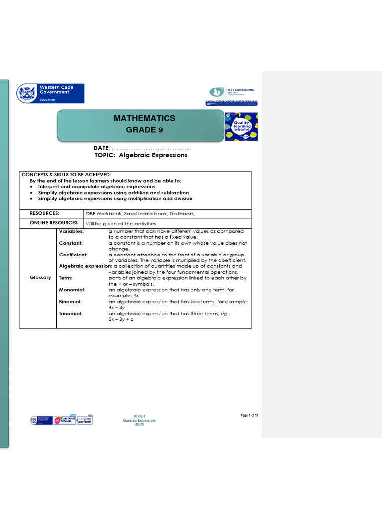 Lesson Plan Gr.9 Mathematics Algebraic Expressions Part 1 | PDF | Multiplication | Variable ...