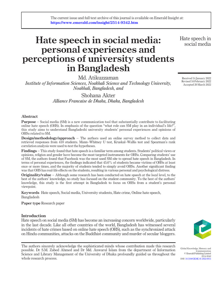 Bangladeshi Students' Views on Social Media Hate Speech | PDF | Social Media | Popular Culture ...