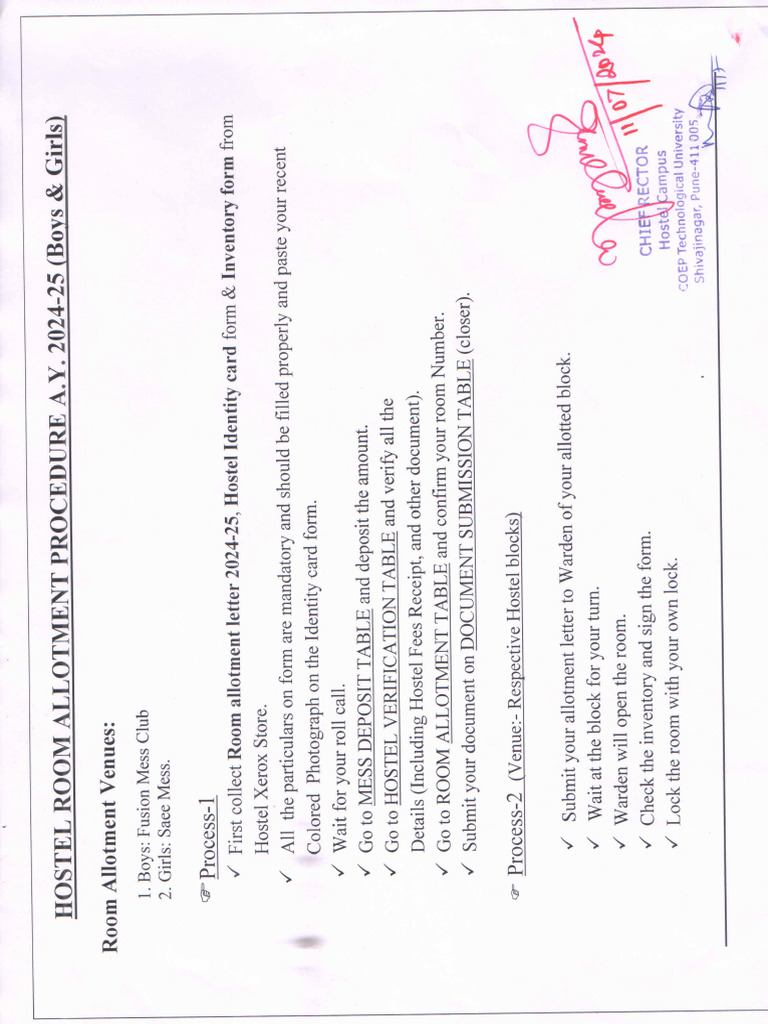 Hostel Room Allotment Procedure 2024-25 Boys and Girls | PDF