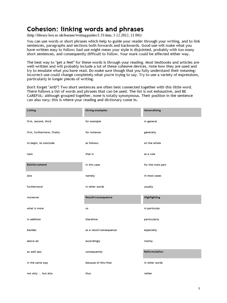 Cohesion | PDF | Foreign Language Studies
