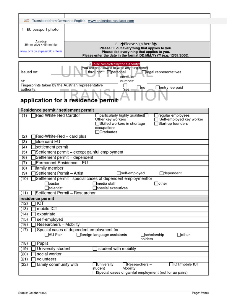 Unofficial Translation: Application For A Residence Permit | PDF | Academic Degree