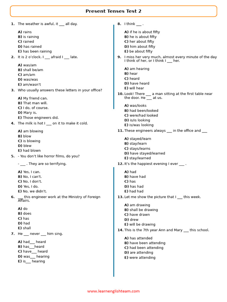 Present Tenses Test Class 10 | PDF