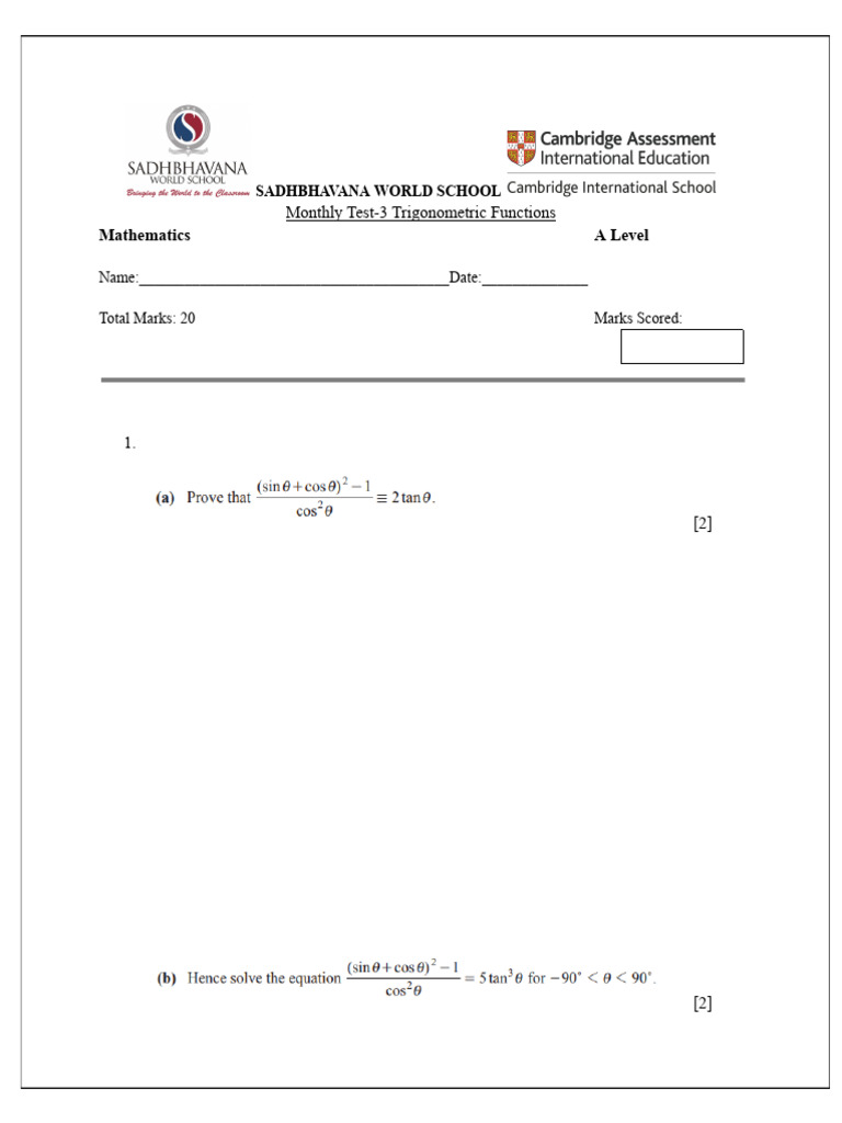 Trigonometric Functions Monthly Test | PDF