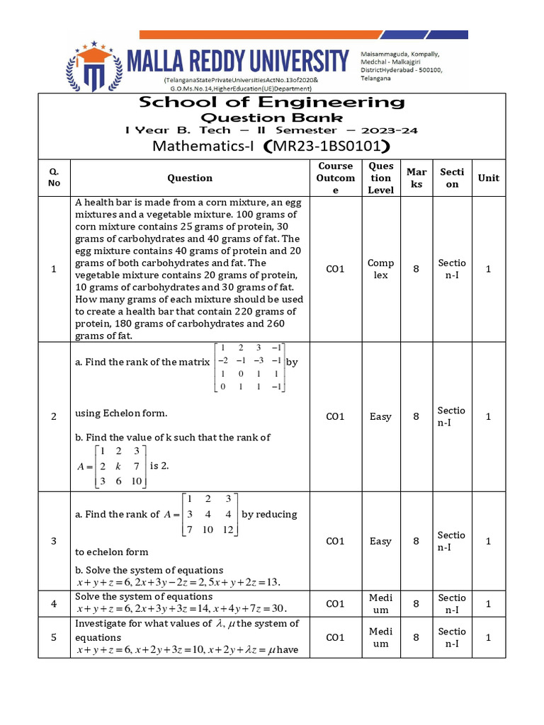 Maths I Year Question Bank 2023-24 | PDF | Group (Mathematics) | Ring ...