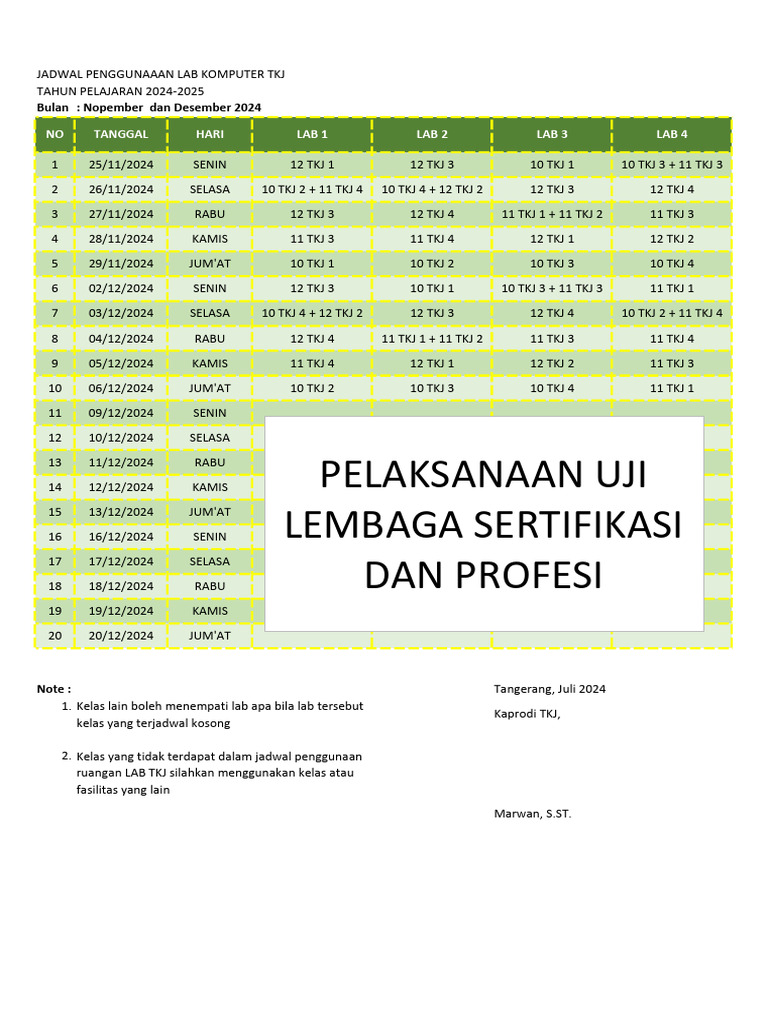 Jadwal Penggunaan Lab TKJ Bulan Nopember Desember 2024 | PDF
