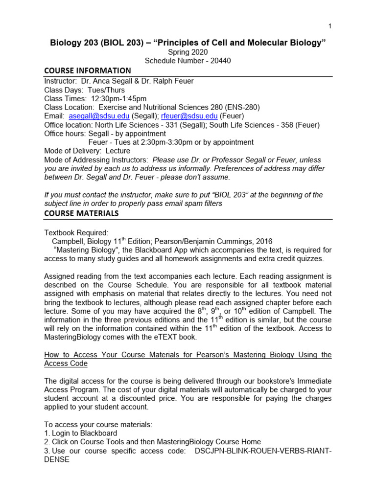 Biology 203 Syllabus - Spring 2020 | PDF | Biology