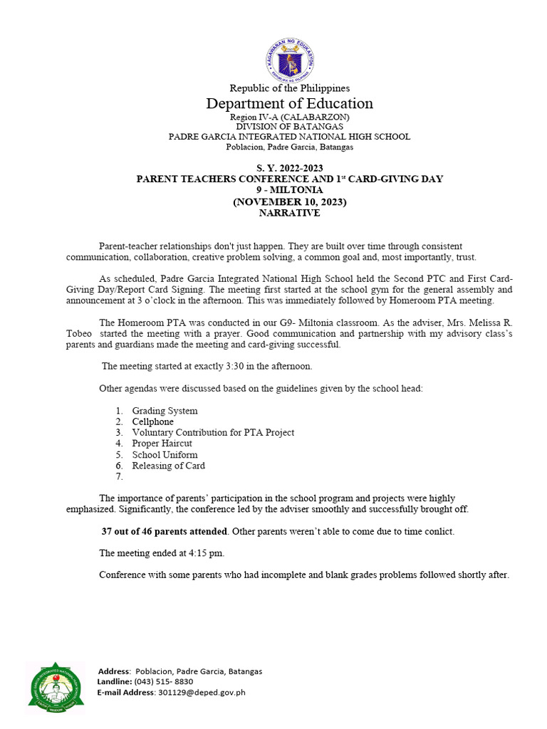 PTC & Card-Giving Day Narrative | PDF | Schools | Educational Organizations