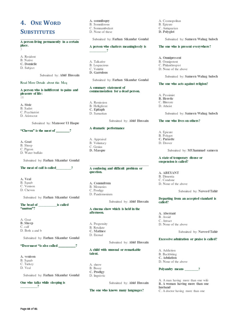 One Word Substitutions Different Test | PDF