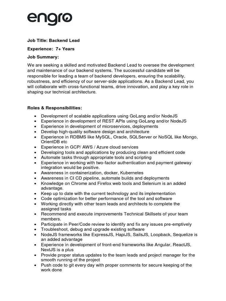 Job Description - Backend Lead | PDF | Software Engineering | Computer ...