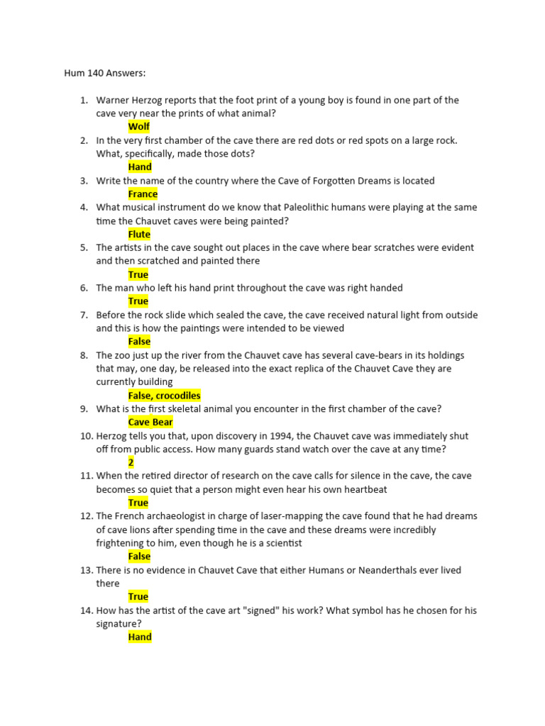 Cave of Forgotten Dreams Quiz Answers | PDF