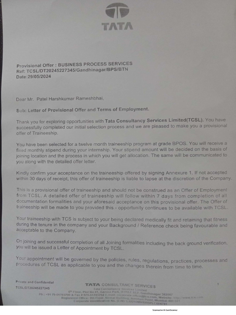 Provisional Offer Letter | PDF
