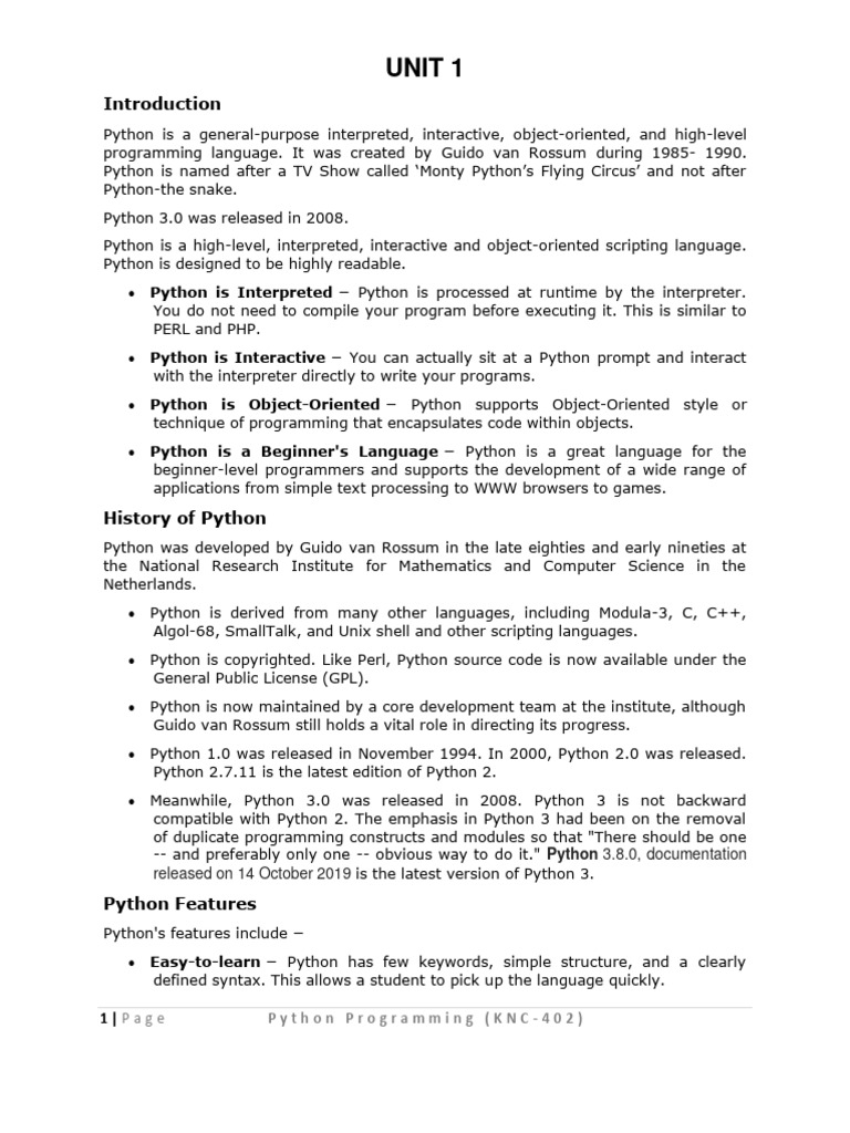 Python Notes Knc 402 Unit 1 Pdf Python Programming Language Variable Computer Science