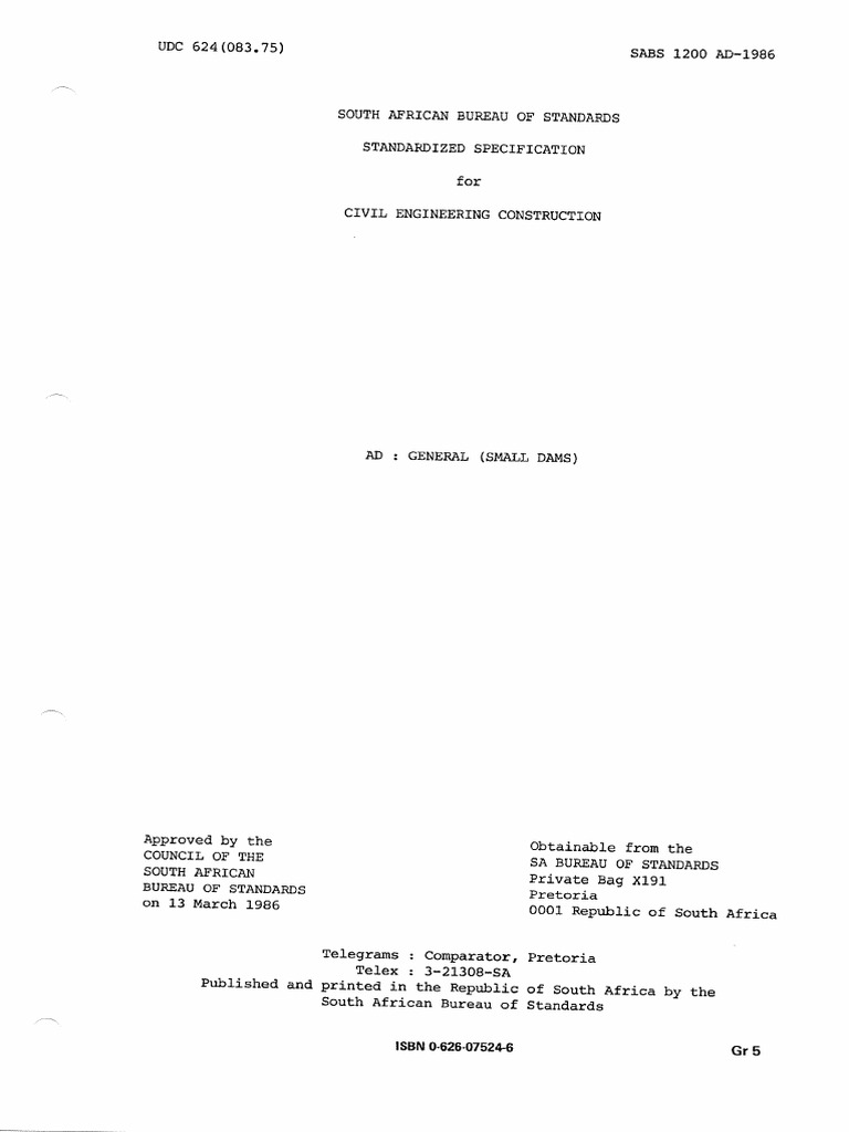 SABS 1200 AD-1986 (General Small Dams) | PDF