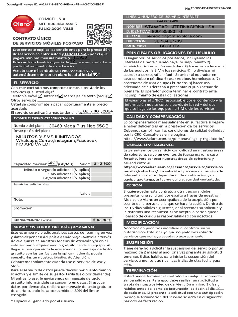 Complete Con Docusign Contrato Claro Movil S-1 | PDF ...