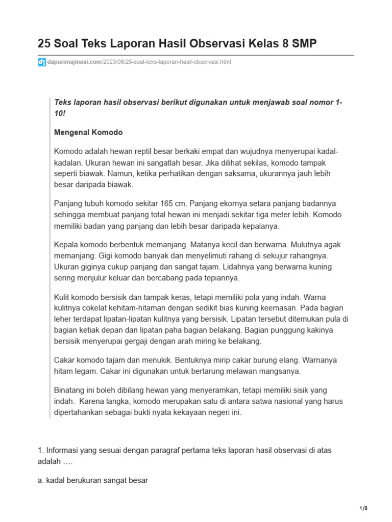 KELAS 8 - SOAL BAB 1 TEKS LHO (Rabu, 24 Juli 2024) | PDF