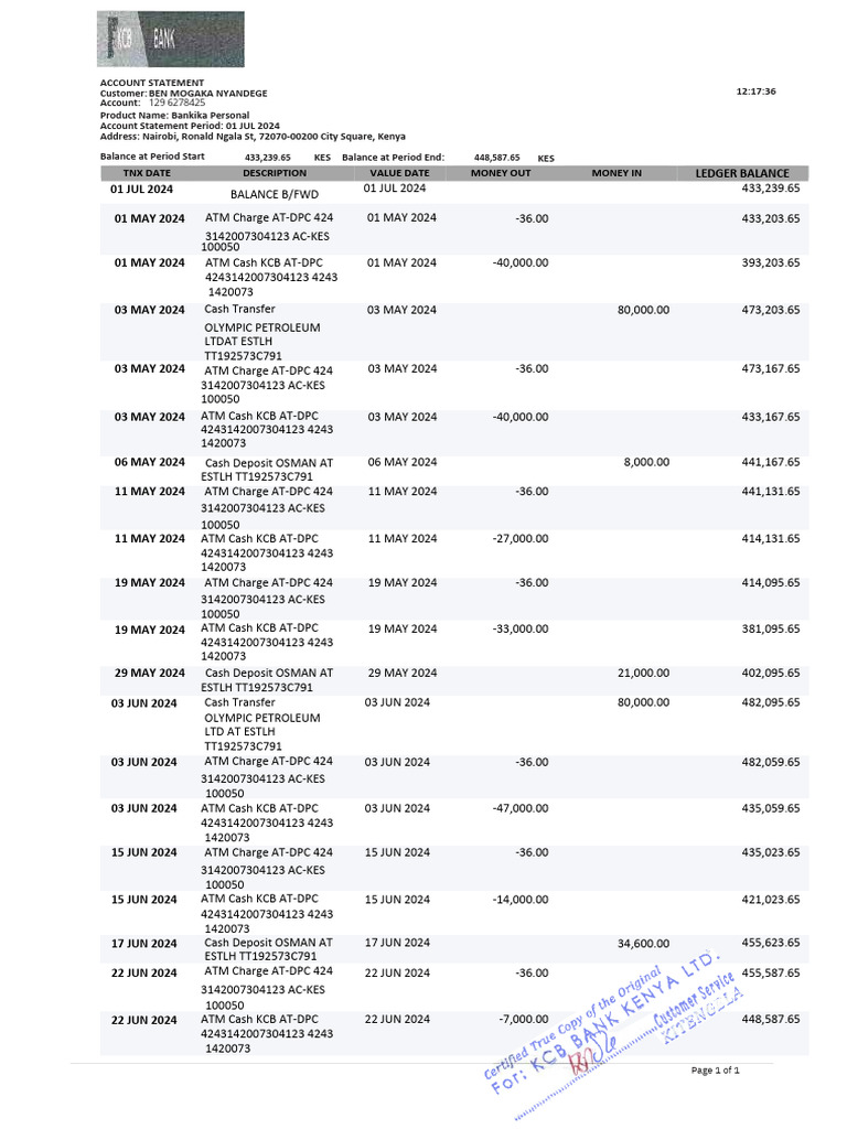 KCB Bank Statement Summary 2024 | PDF | Automated Teller Machine ...