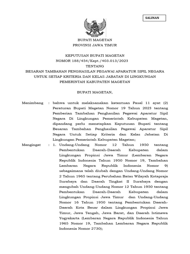 Nomor 454 Tahun 2023 Tentang Besaran TPP 2024 Naik | PDF