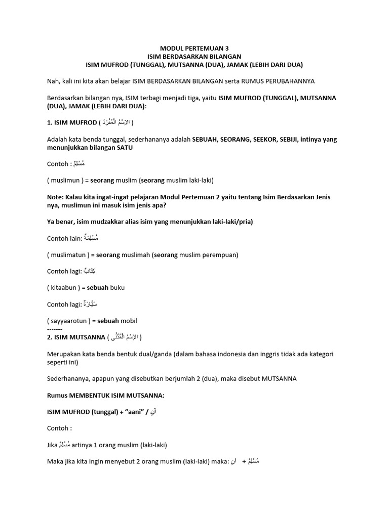 Modul Pertemuan 3 (Isim Berdasarkan Jumlah Yaitu Mufrod-Muutsanna-Jamak) | PDF | Seni & Disiplin ...
