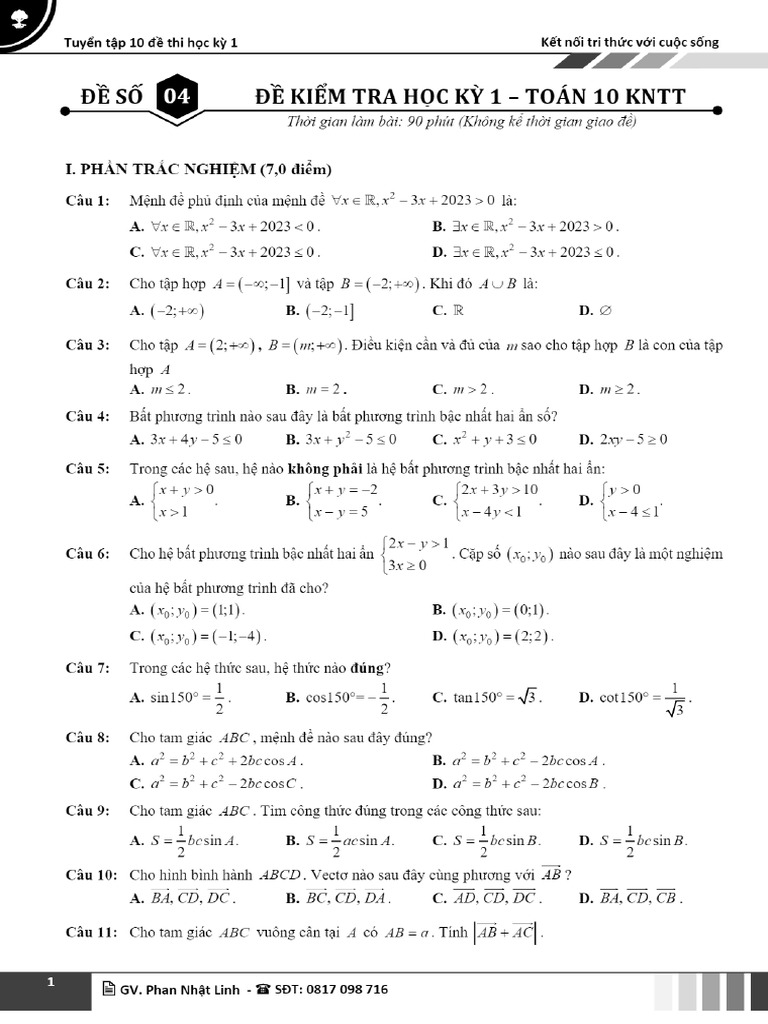 Đề Cuối Hk1 Toán 10 Kntt | PDF