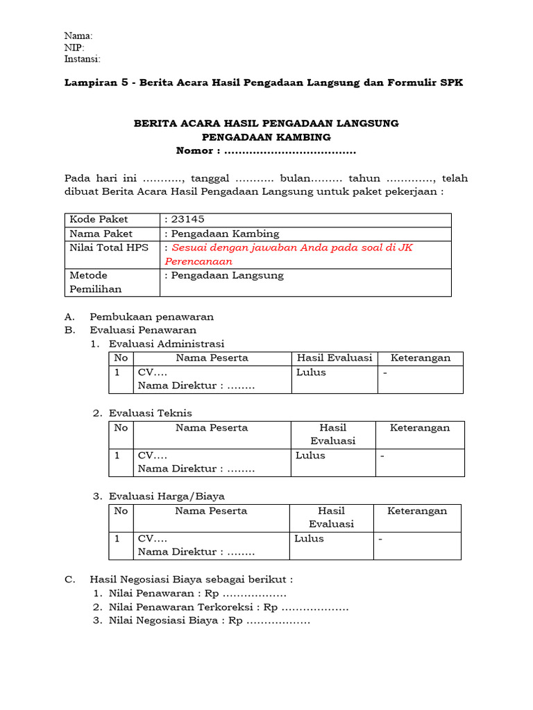 Lampiran 5 Dokumen Berita Acara Pengadaan Langsung Dan Formulir Spk Pdf