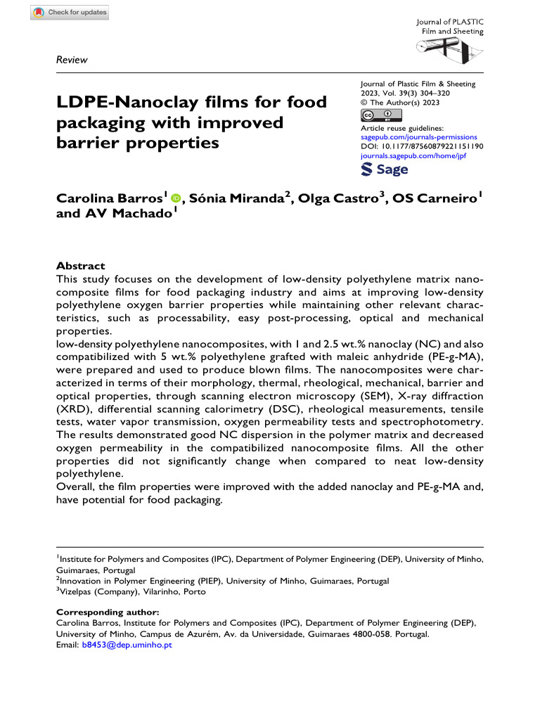 Barros Et Al 2023 Ldpe Nanoclay Films For Food Packaging With Improved ...