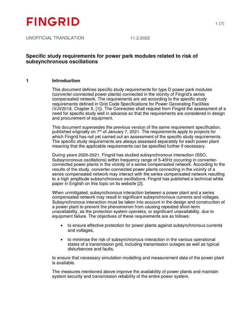 Specific Study Requirements For Power Park Modules Related To Risk of ...