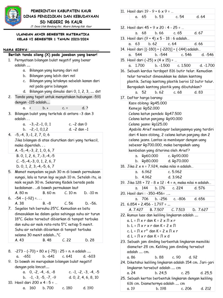 Soal Ulangan Semester Matematika Kelas Vi Semester 1 Tahun 2023-2024 | PDF