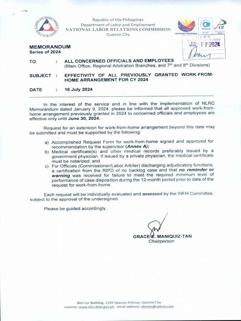 Memo Dtd. July 16, 2024 (Effectivity of All Previously Granted WFH Arrangement For CY 2024) | PDF