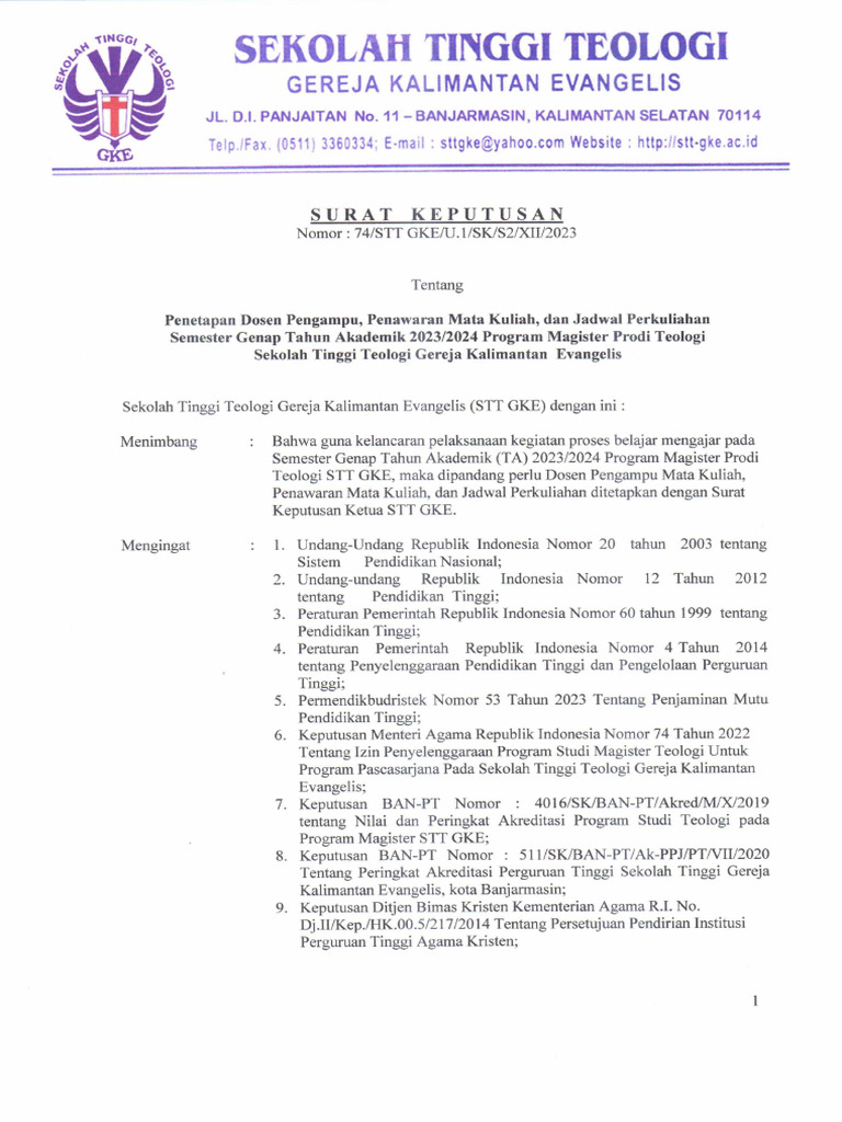 SK. Dosen Pengampu, Penawaran Mata Kuliah, Jadwal Dan Kalender Akademik Program Magister Teologi ...