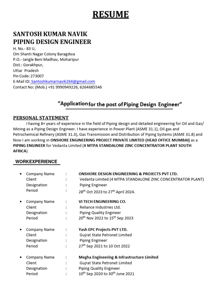 CV - Santosh Kr. Navik | PDF | Engineering