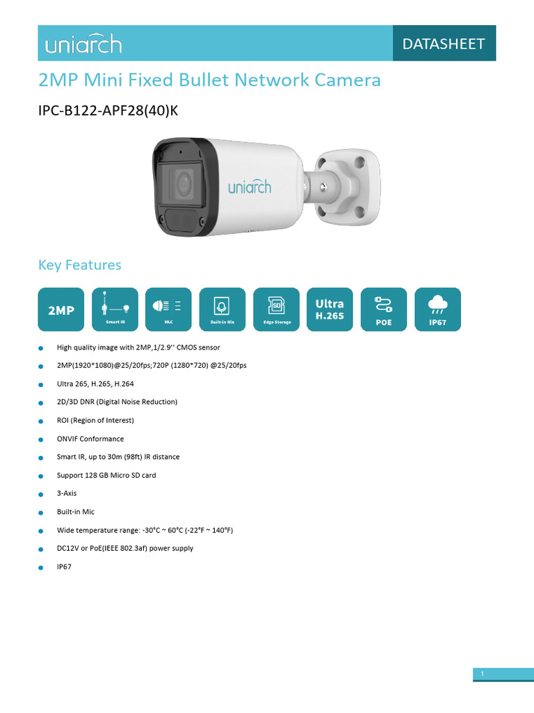 20230609 - 1882446 - Uniarch【Datasheet】IPC-B122-APF28 (40) K 2MP Mini Fixed Bullet Network ...