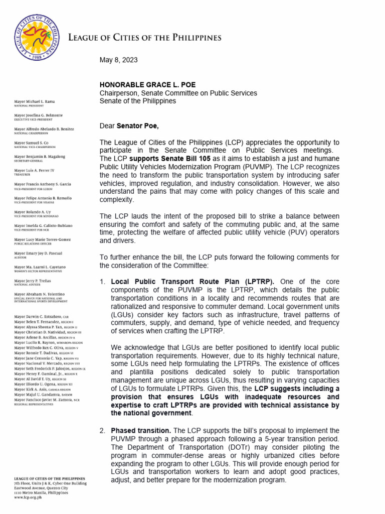 LCP Support for PUV Modernization Bill | PDF | Public Transport | Transport