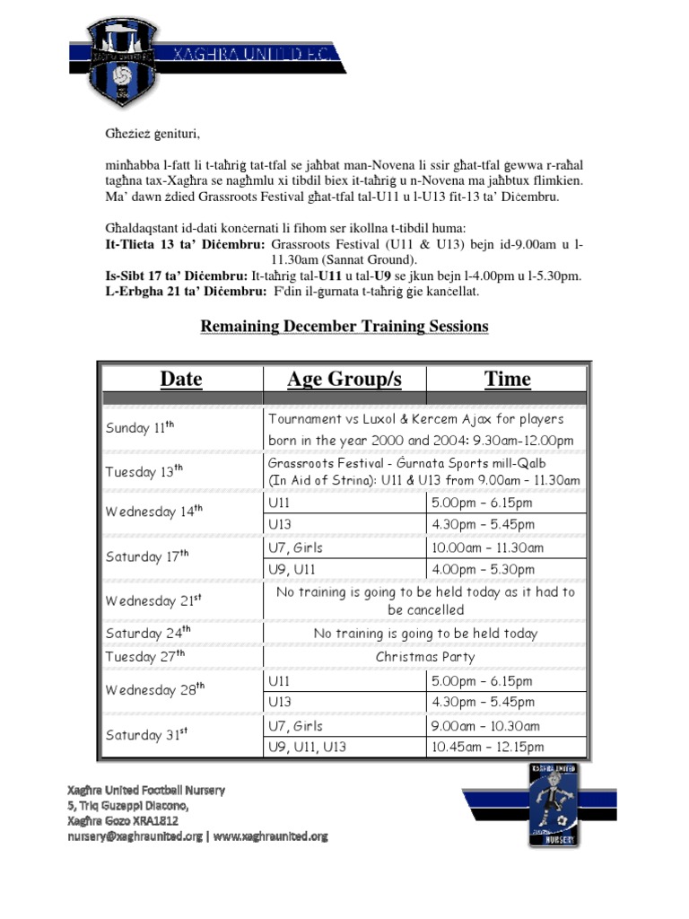 December Training and Festival Schedule | PDF