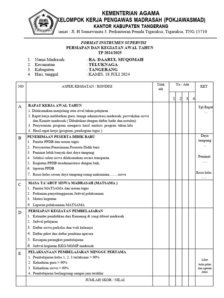 Supervisi Awal Tahun Madrasah 2024/2025 | PDF