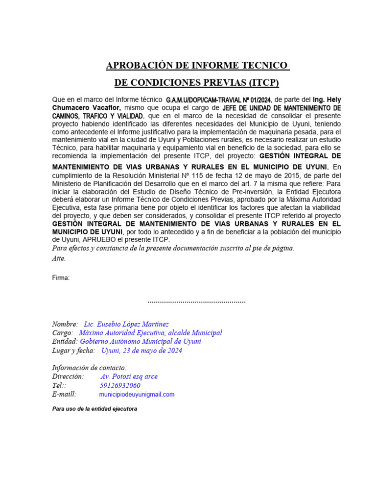 Aprobación ITCP Mantenimiento Vial Uyuni | PDF