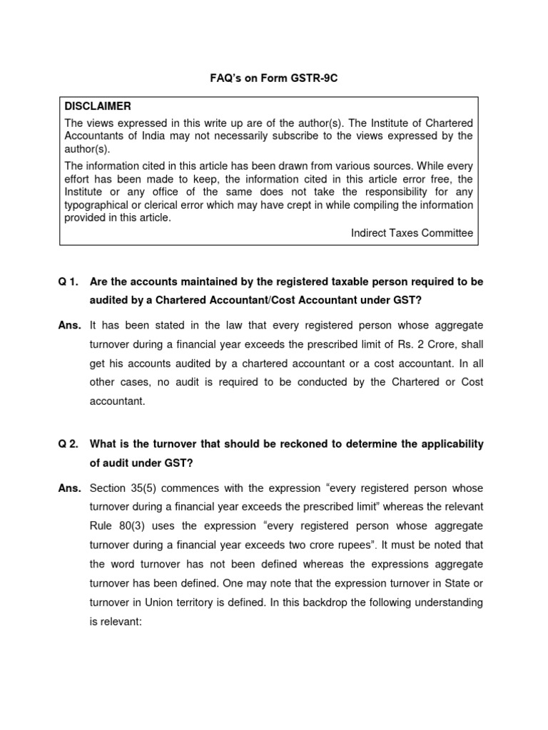 FAQ On Form GSTR-9C | PDF | Value Added Tax | Taxes