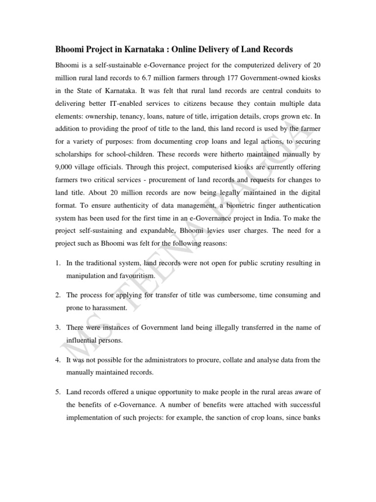 Bhoomi Project in Karnataka: Online Delivery of Land Records | PDF ...