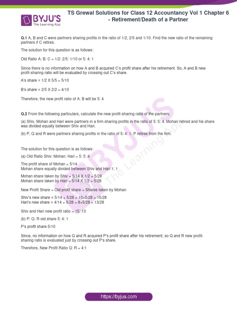 Ts Grewal Solutions For Class 12 Accountancy Vol 1 Chapter 6 Retirement ...