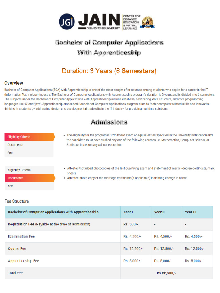 JU - Bachelor of Computer Applications With Apprenticeship | PDF