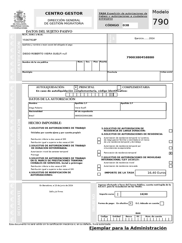 Tasa 038 Modelo 790 | PDF | Documento de identidad