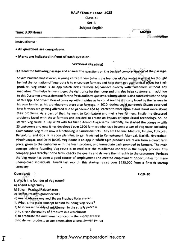 MP Board Class 11 Hy English Set B 010424 2023 | PDF