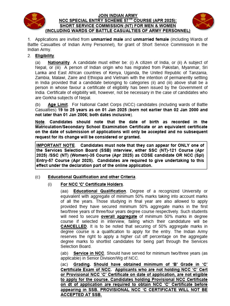 Final Noftn For NCC SPL Entry 57 | PDF | Lieutenant | Cadet